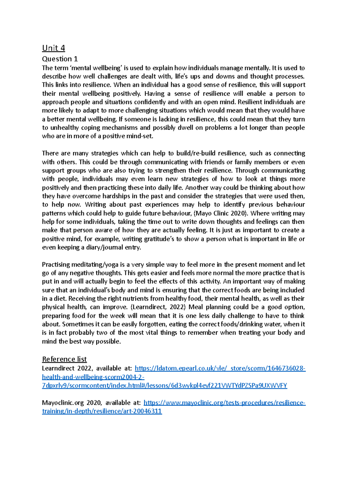 Unit 4 - Unit 4: Health and Wellbeing which has been achieved. - Unit 4 ...