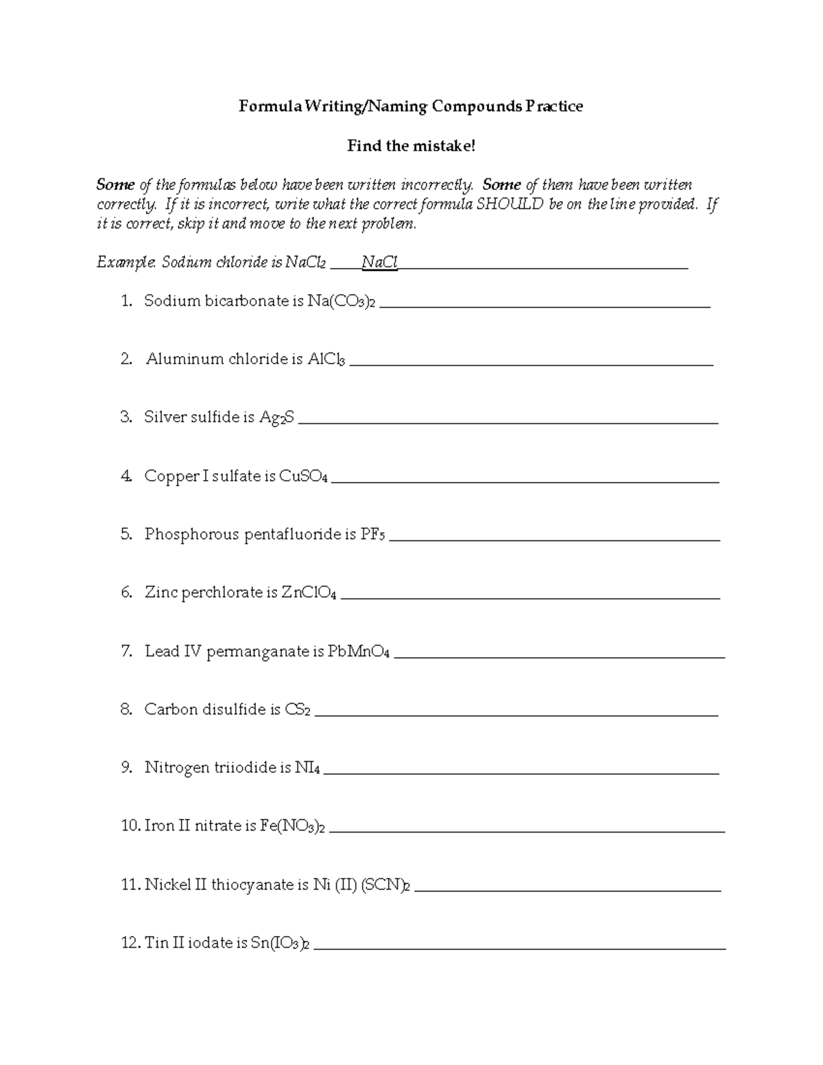 Formula Writing-Naming Find the Mistake - Formula Writing/Naming ...