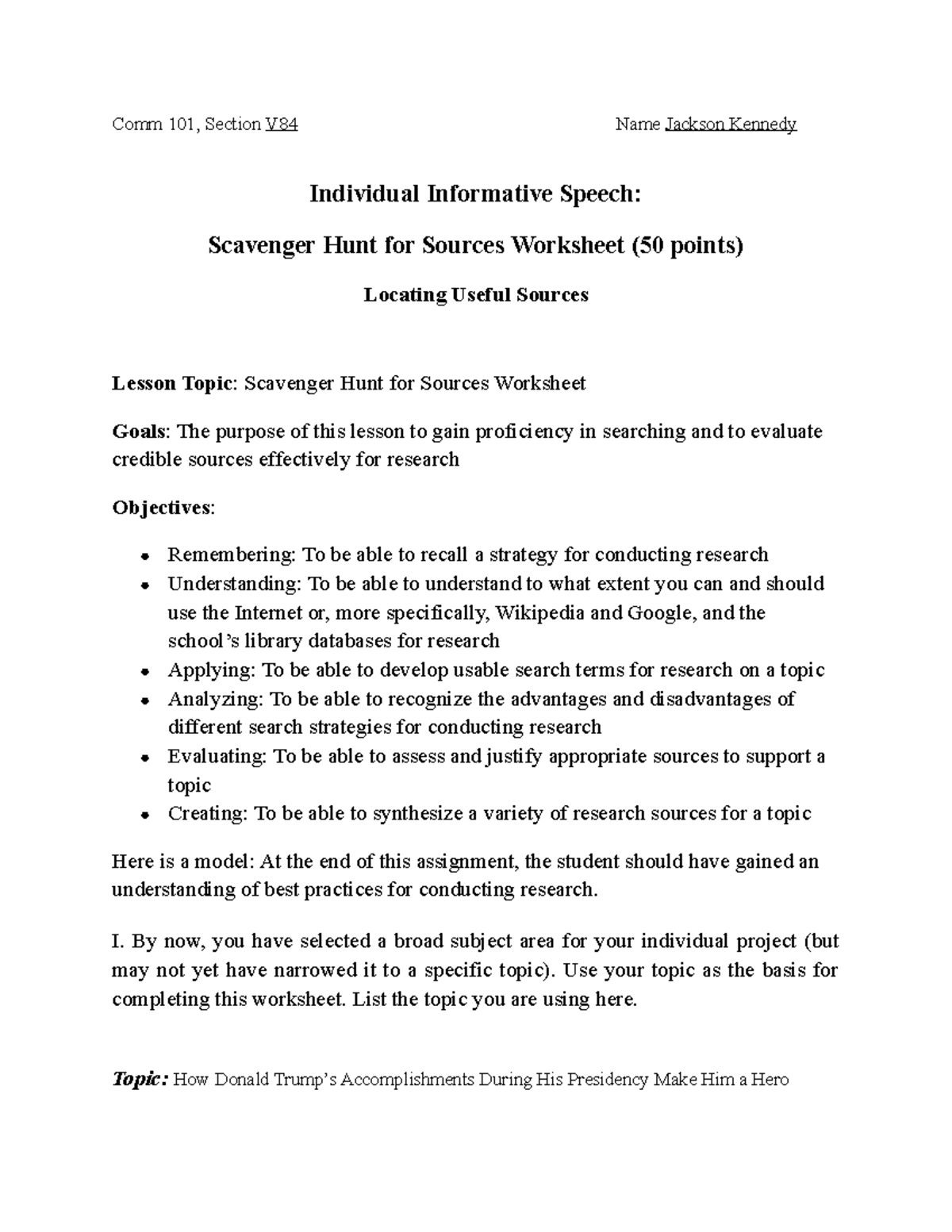 Scavenger Hunt for Sources Worksheet - I. By now, you have selected a ...