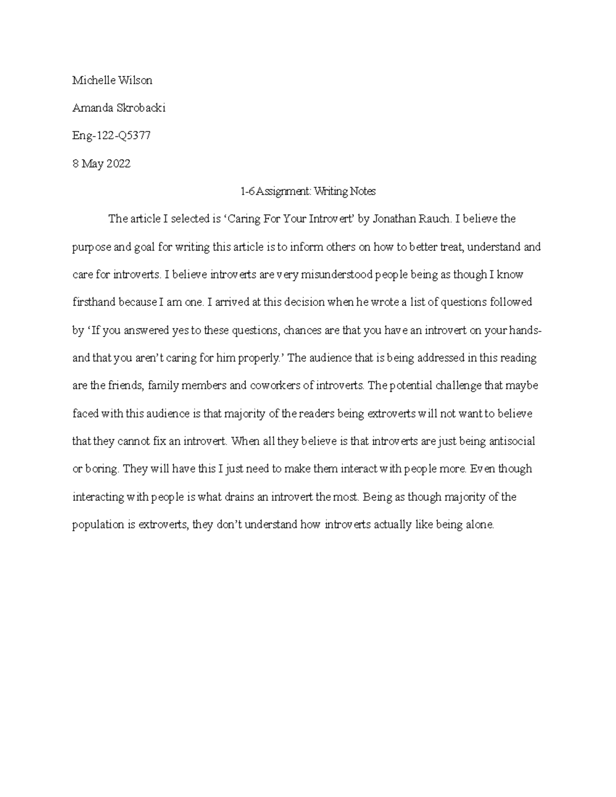 Eng-122 1 - Writing notes for Caring For Your Introvert - Michelle ...