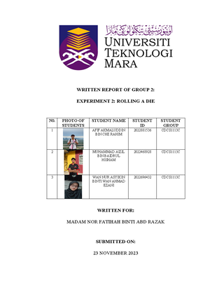 STA 233 Group Project - STA233 - DIPLOMA IN STATISTICS FACULTY OF COMPUTER AND MATHEMATICAL ...