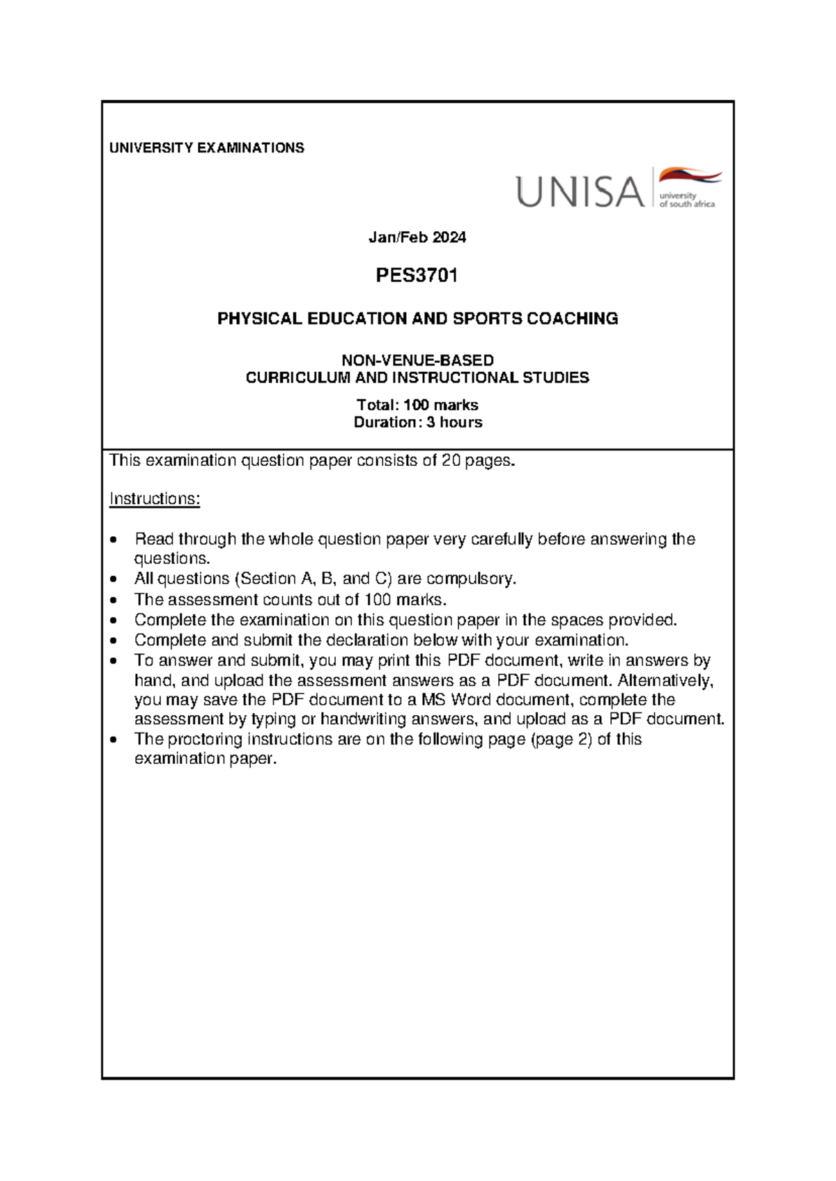 PES3701 Jan Feb Examination 240127 074553 - UNIVERSITY EXAMINATIONS Jan ...