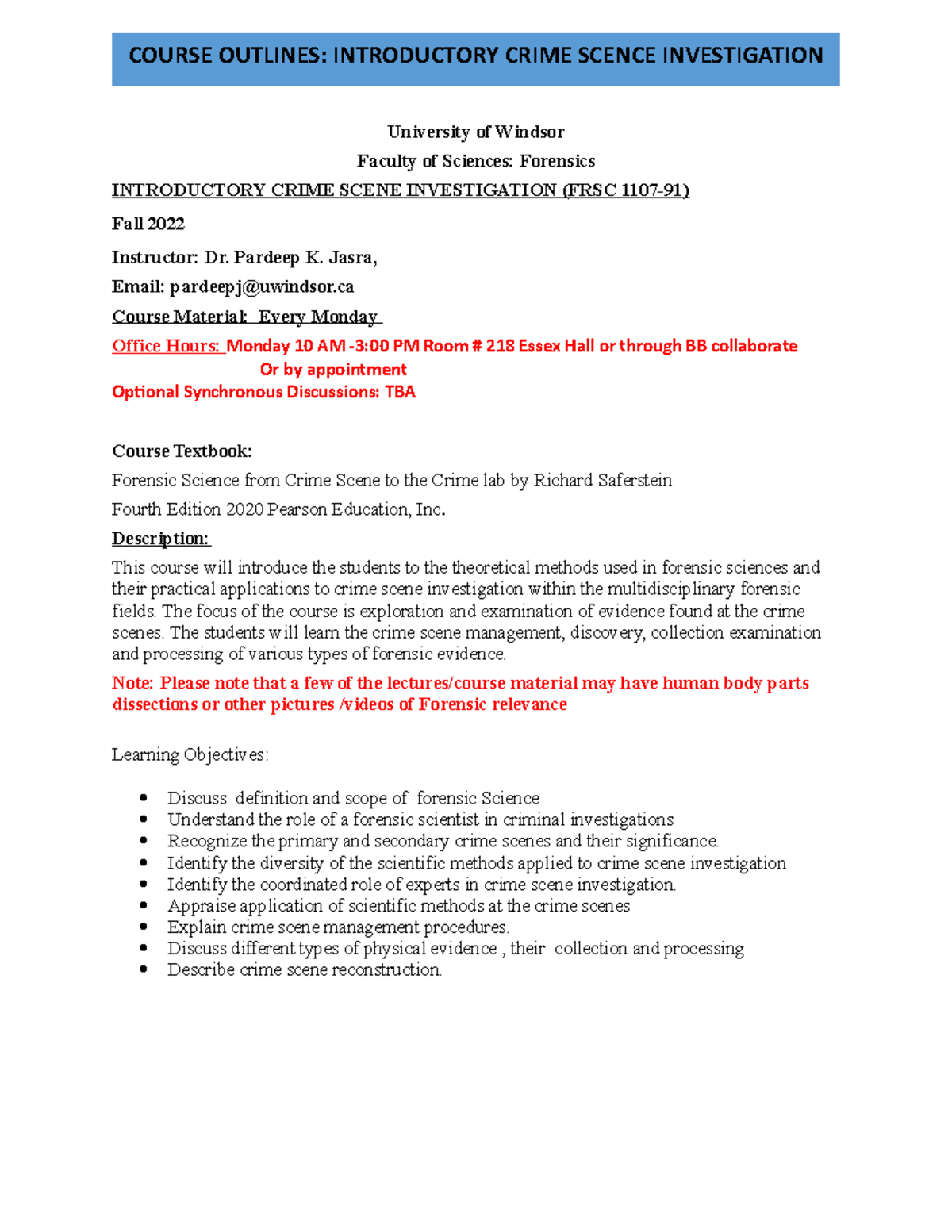 Course Outlines Fall 2022 FRSC 1107-91(1)(1) - University of Windsor ...