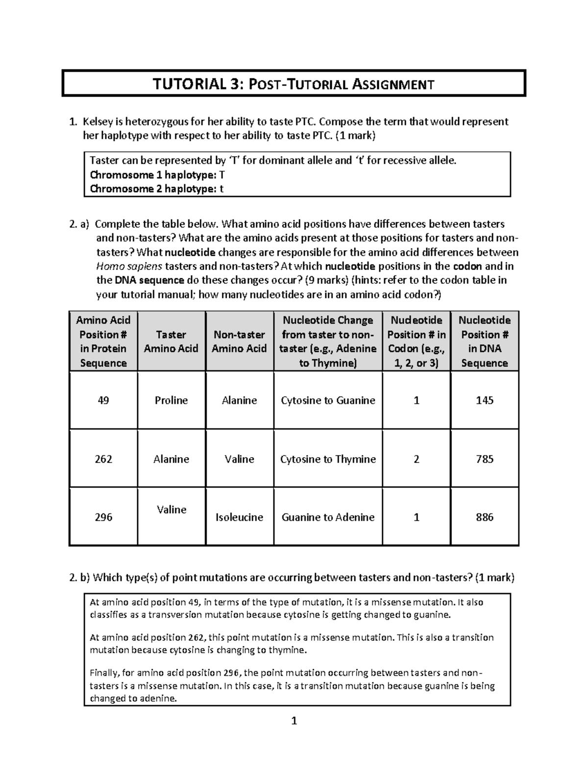 Tutorial 3 Assignment - TUTORIAL 3: POST-TUTORIAL ASSIGNMENT 1. Kelsey is heterozygous for her ...