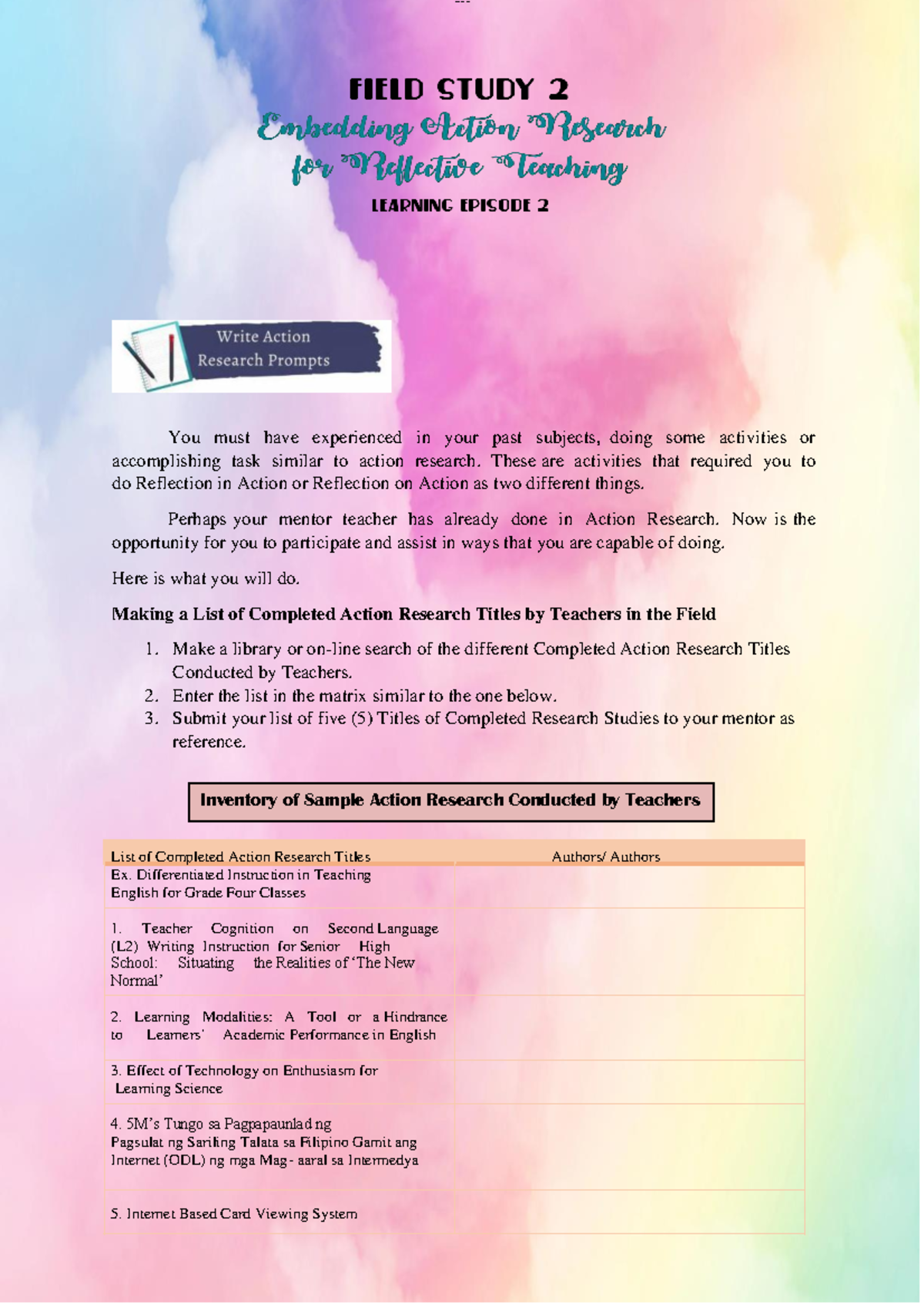 FS 2 EPS 2B - Field Study - lOMoAR cPSD| 11625473 lOMoAR cPSD| 116254 ...