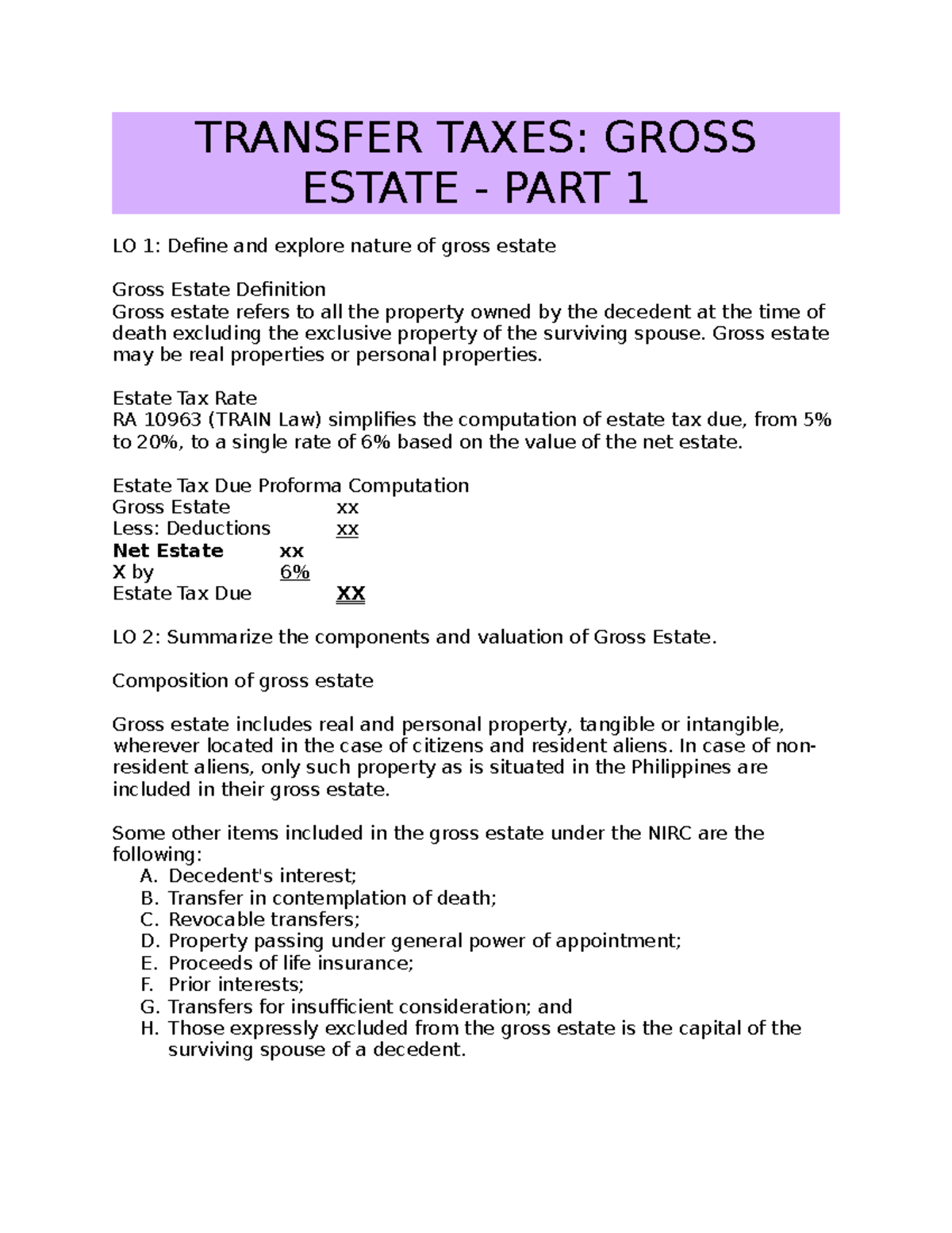 Transfer Taxes - TRANSFER TAXES: GROSS ESTATE - PART 1 LO 1: Define and ...