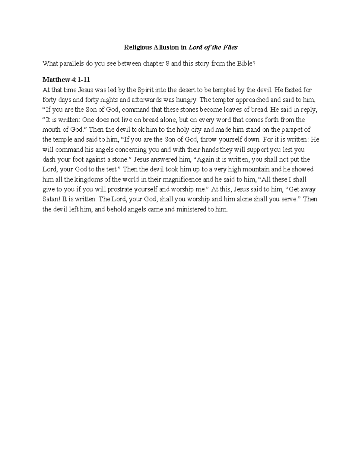 Religious Allusion in Lord of the Flies - He fasted for forty days and ...