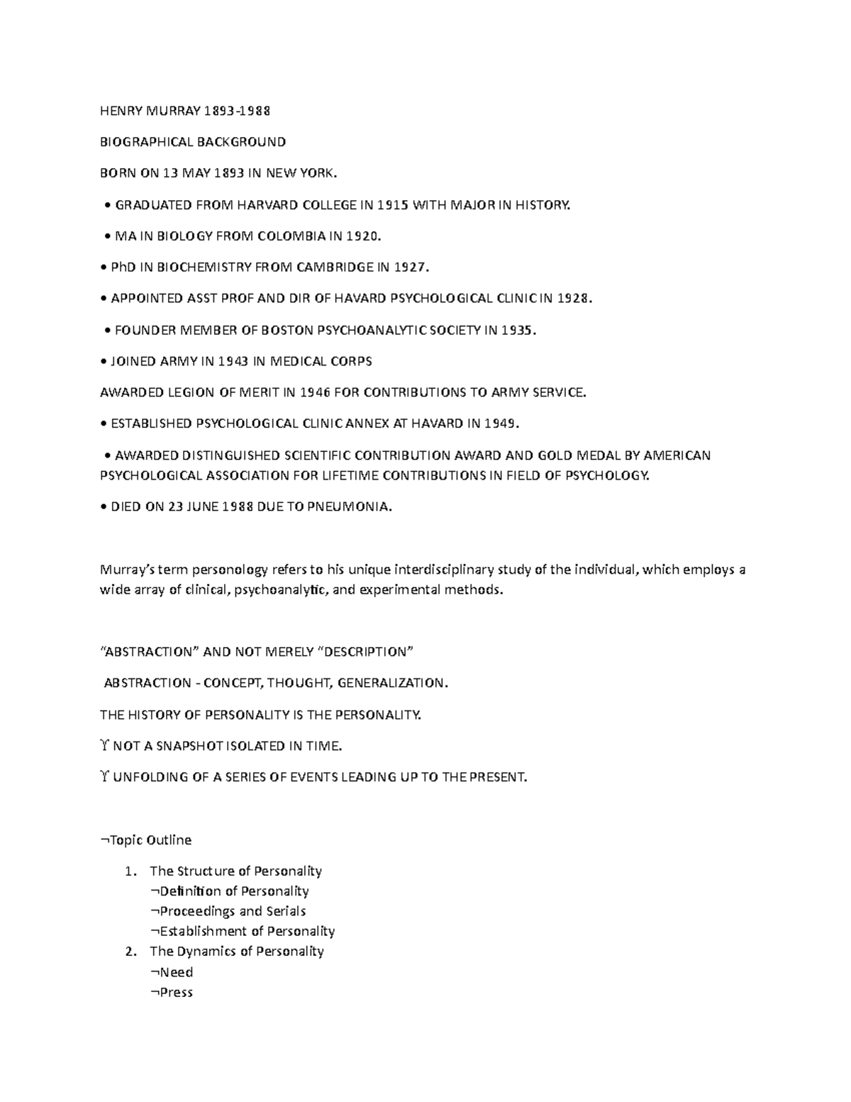 henry murray theories of personality report - HENRY MURRAY 1893 ...