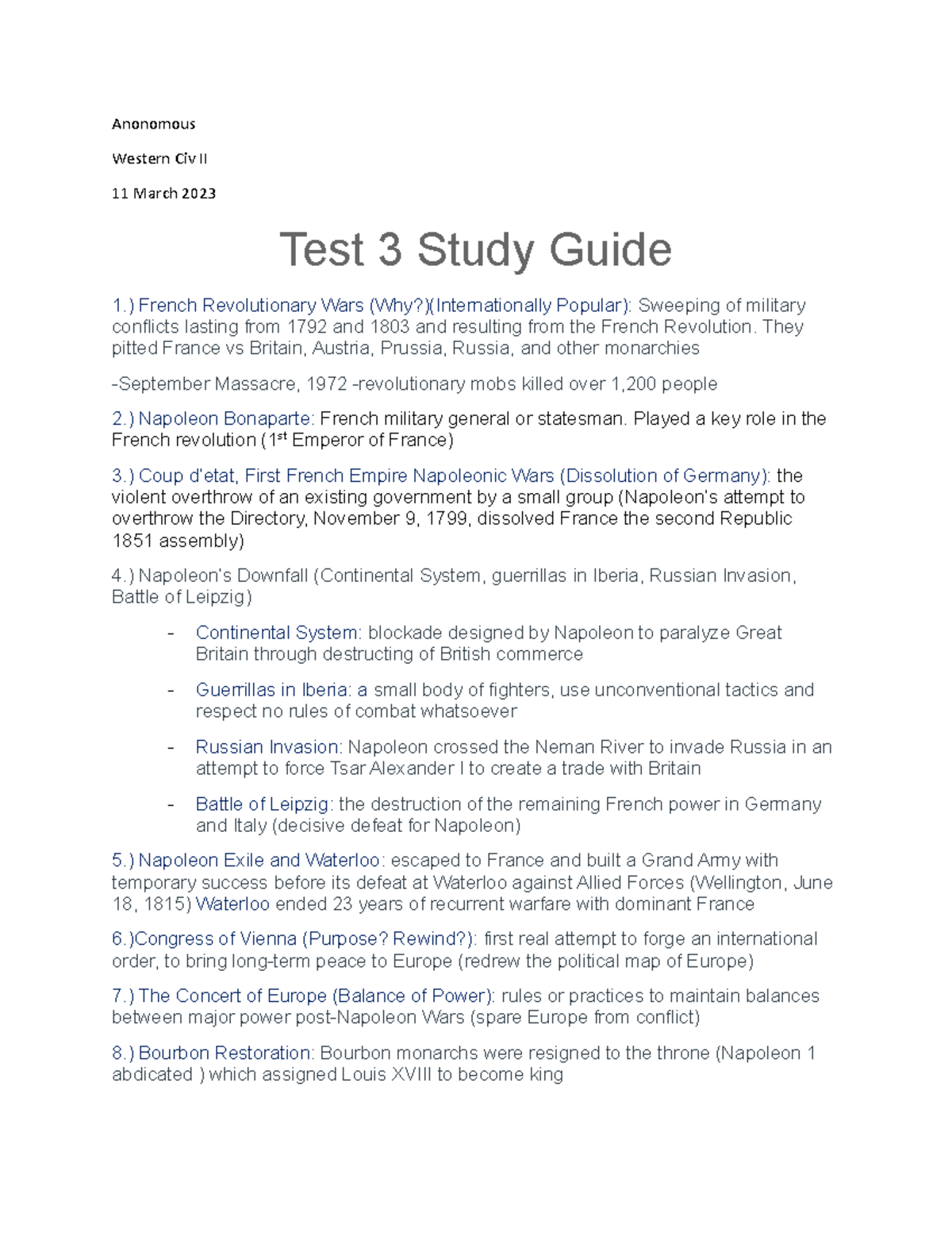 Western Civ II Test 3 Study Guide - Anonomous Western Civ II 11 March ...