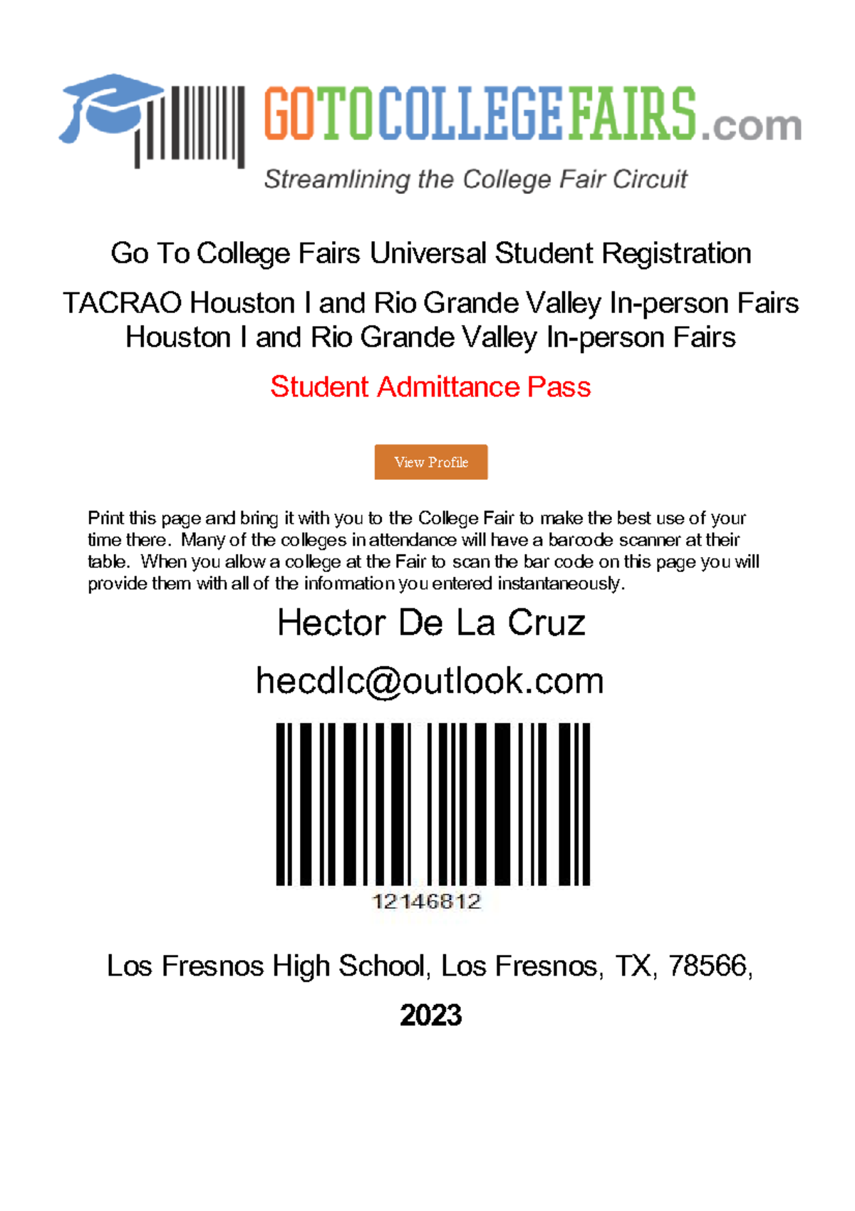 Student Admit Pass 12146812 for projectile - Go To College Fairs ...