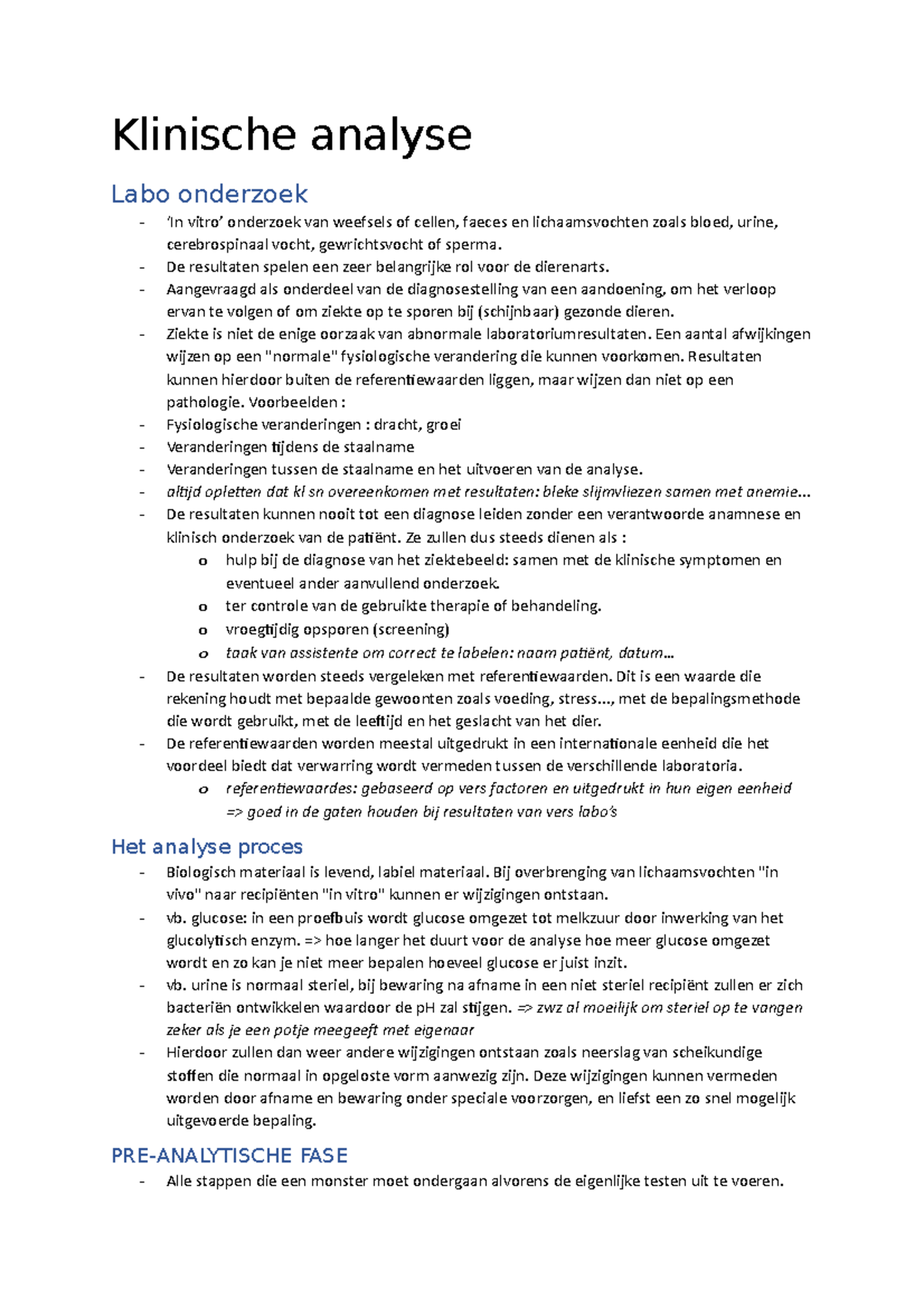 Klinische analyse - pp + lessen - Klinische analyse Labo onderzoek ‘In ...