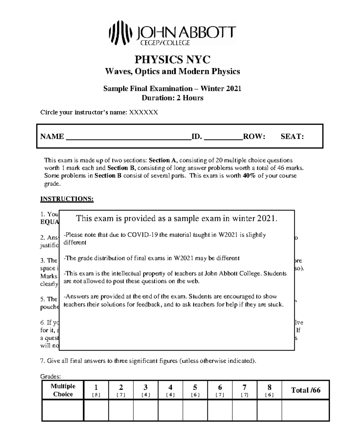 NYC sample final and answers - PHYSICS NYC Waves, Optics and Modern ...