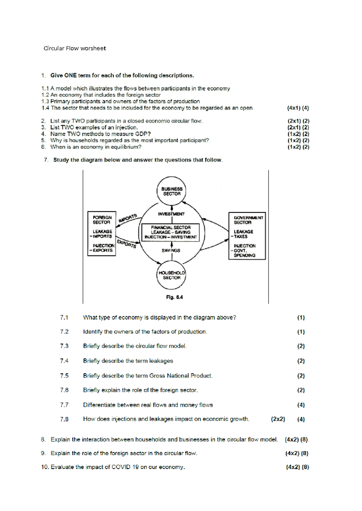 Grade 10 Topic 3 Circular flow worksheet - Circular Flow worsheet - Studocu