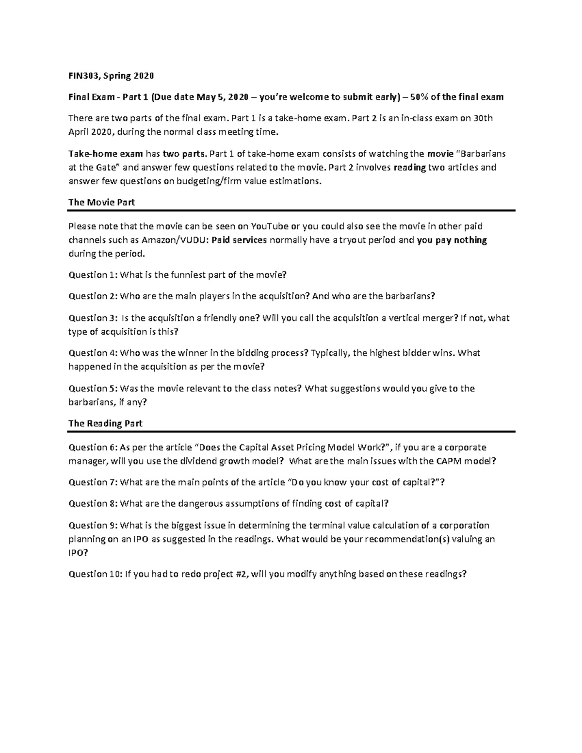 Final exam Part 1 - Questions - FIN303, Spring 2020 Final Exam - Part 1 ...