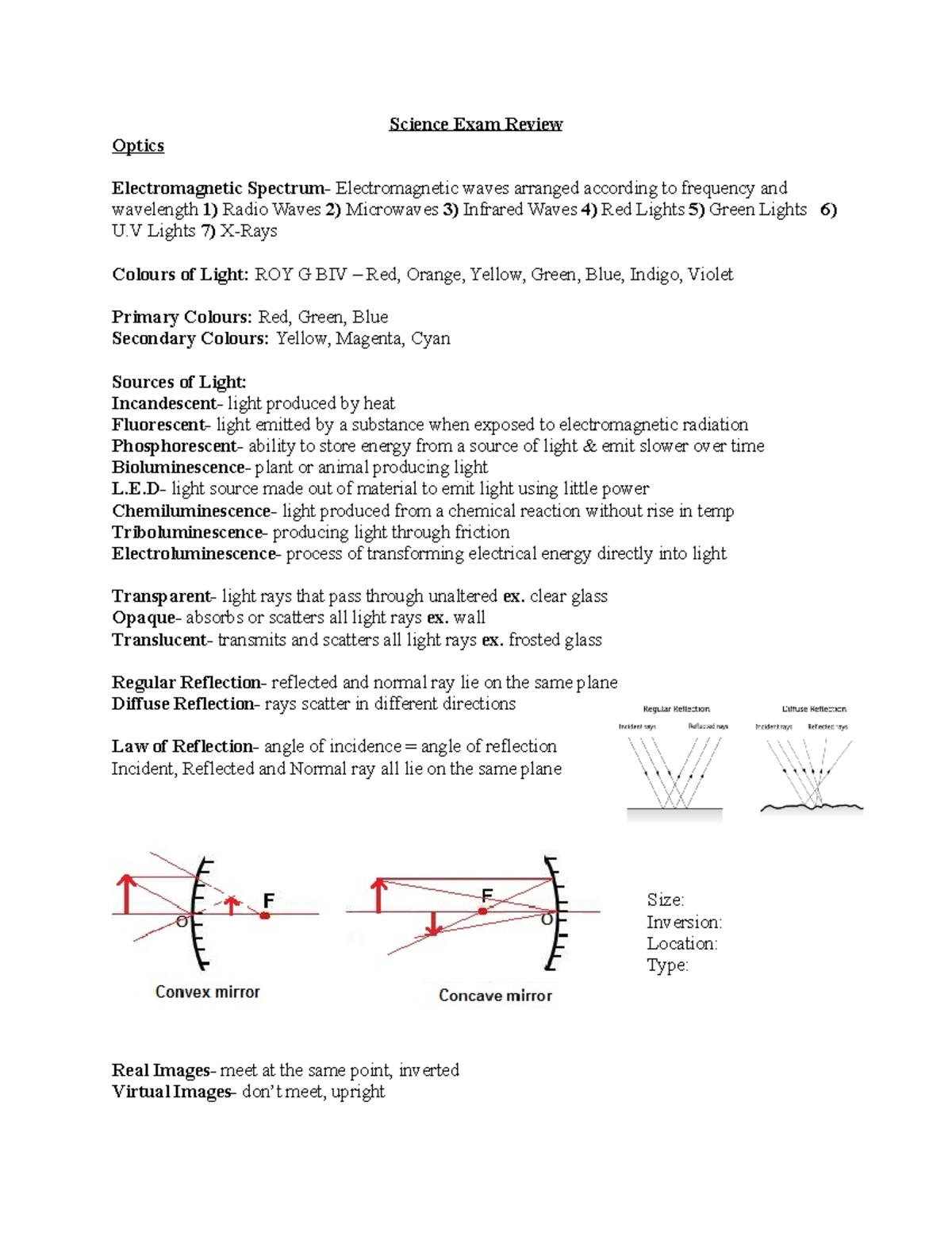 science exam review docx - Science Exam Review Optics Electromagnetic ...