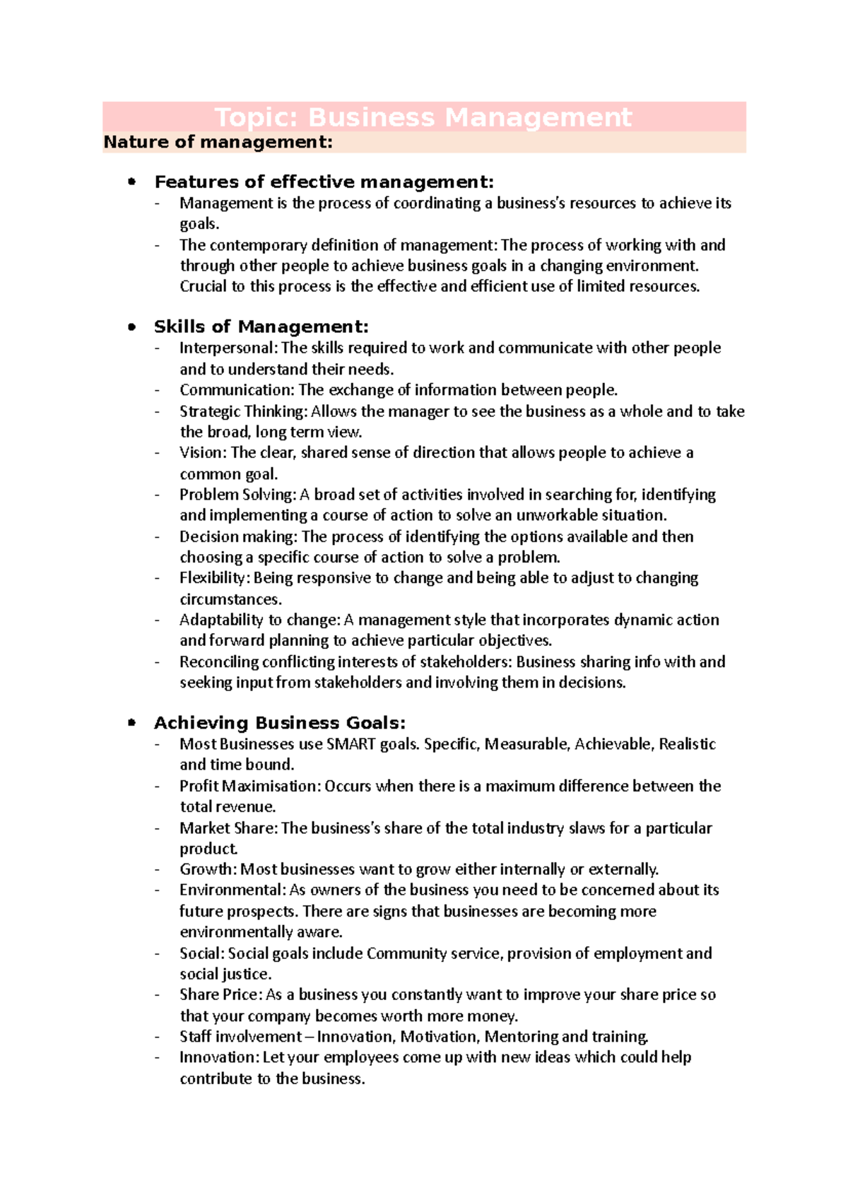 Business notes- preliminary - Topic: Business Management Nature of ...
