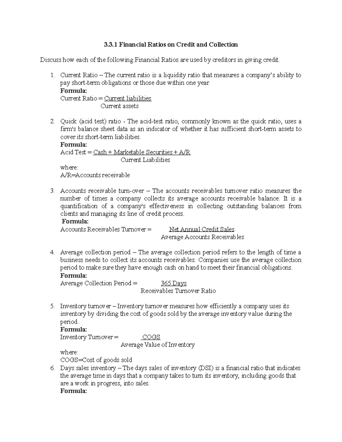 3.3.1 Financial Ratios on Credit and Collection - 3.3 Financial Ratios ...
