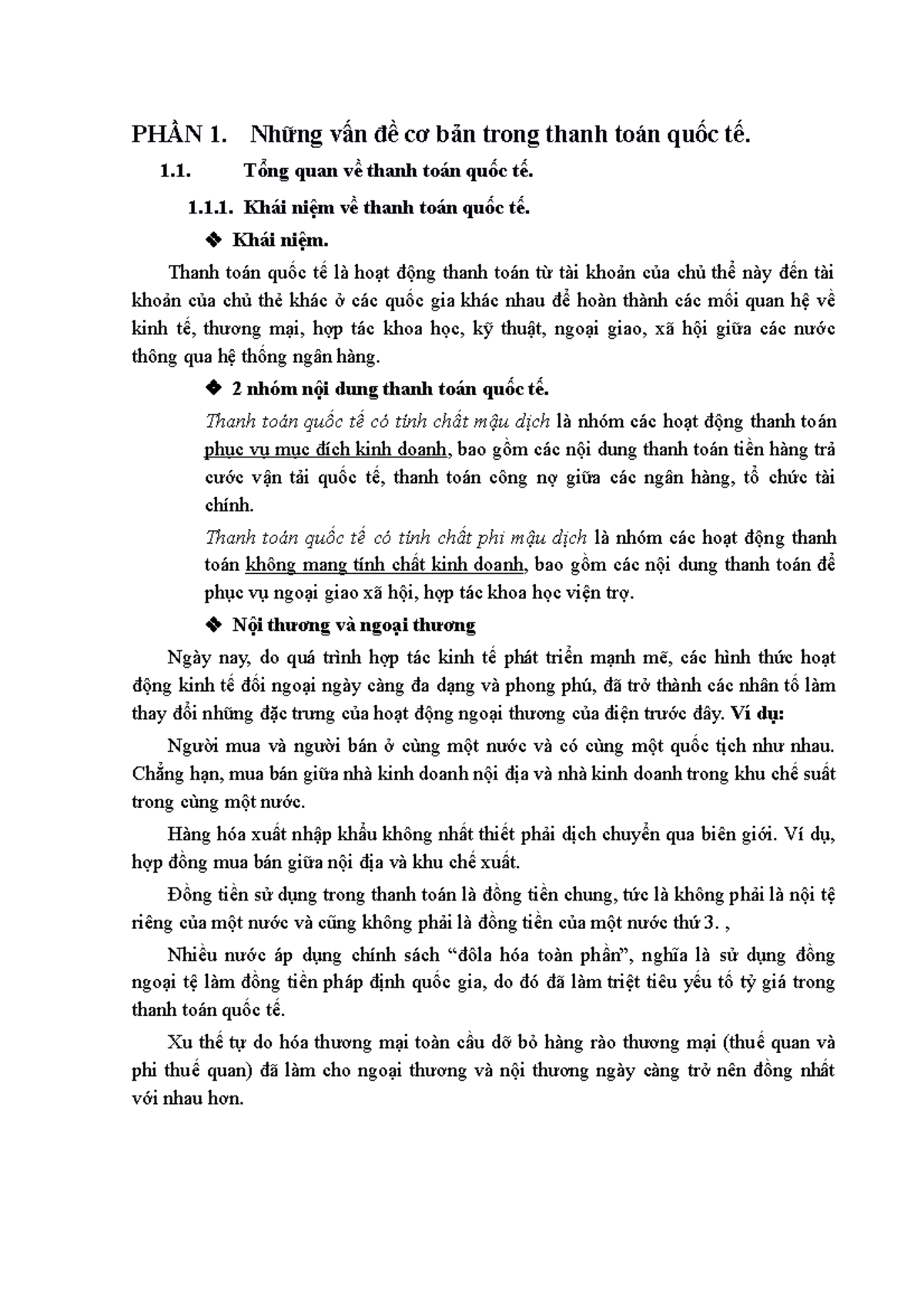 Nội dung C1 - TTQT - PHẦN 1. Những vấn đề cơ bản trong thanh toán quốc tế. Tổng quan về thanh ...