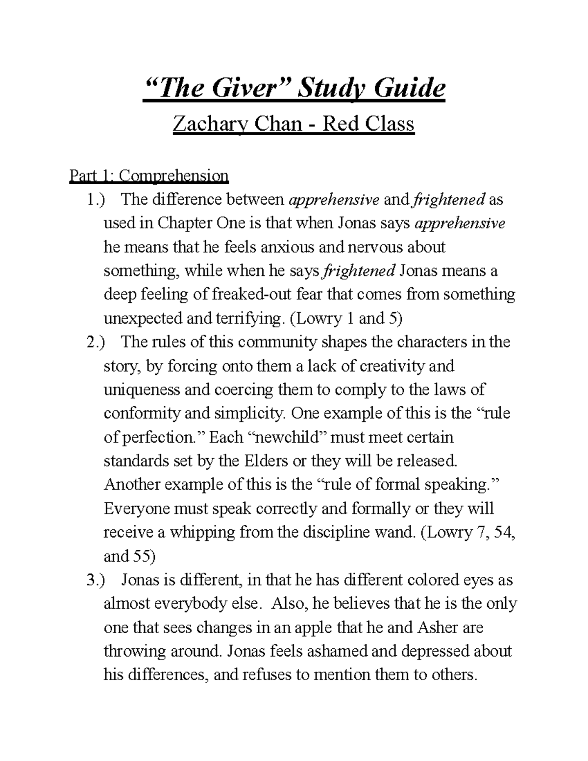 The Giver Study Guide - “The Giver” Study Guide Zachary Chan - Red ...