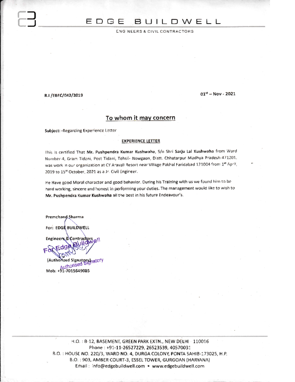 Experience certificate buildwell - E] EDGE BUIL D WELL ENGINEERS ...