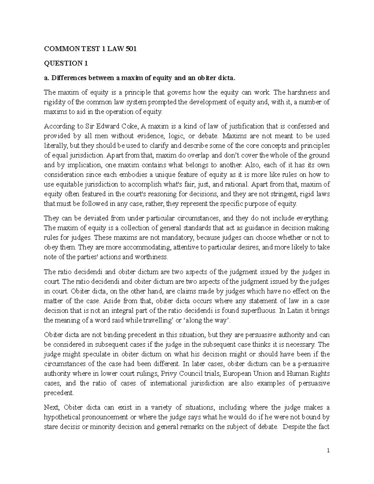 Common TEST 1 LAW 501 - Hello use this wisely but do not rely too much ...