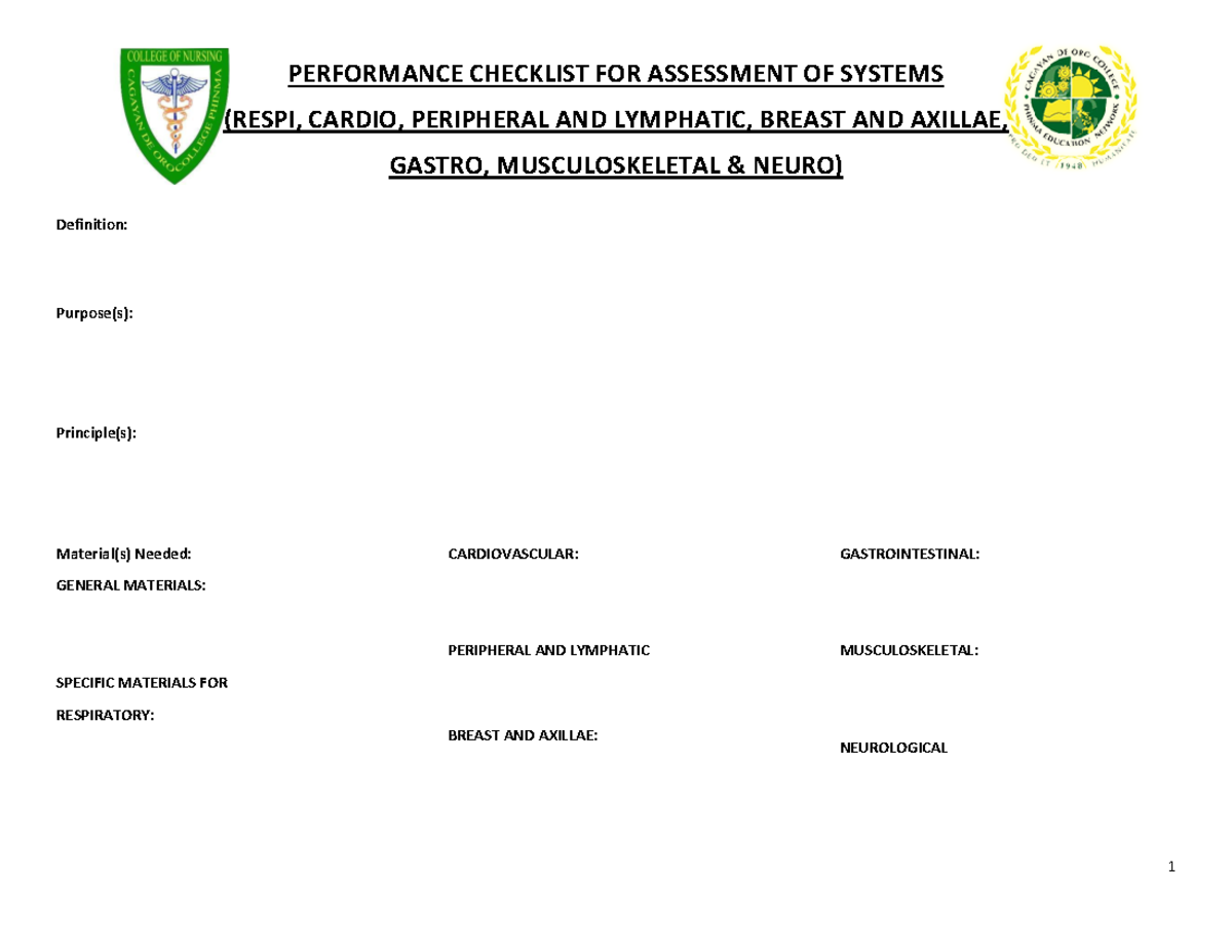 Performance Checklist FOR Assessment OF Systems Revised - PERFORMANCE ...