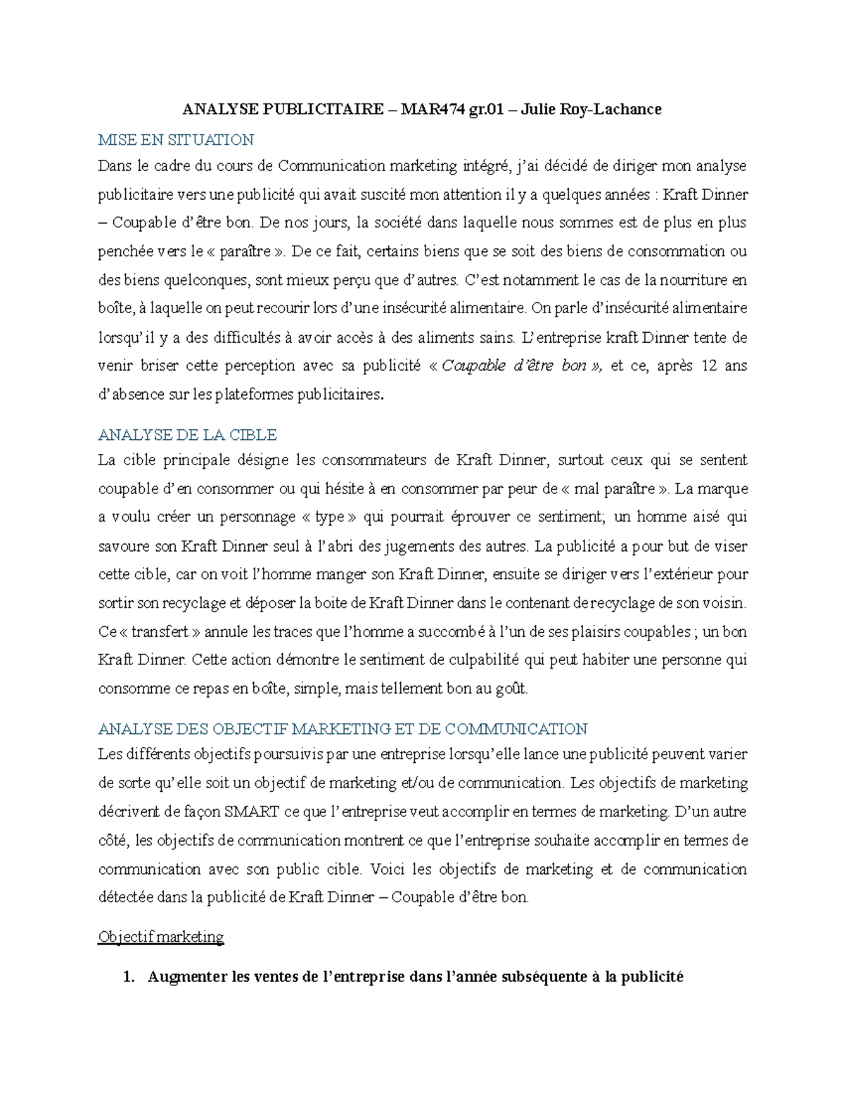 Analyse MAR474 Roy-Lachance Julie - ANALYSE PUBLICITAIRE – MAR474 gr ...