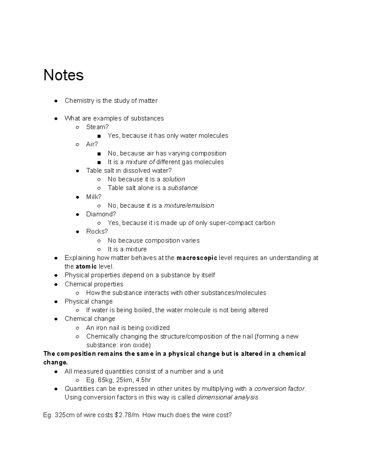 CHEM 101 Notes - Notes Chemistry is the study of matter What are ...