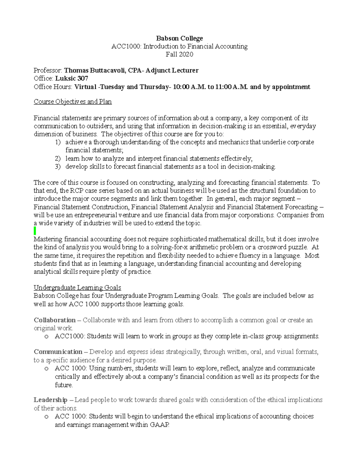 ACC 1000 Fall 2020 Syllabus Tuesday Thursday -1 - Babson College ...