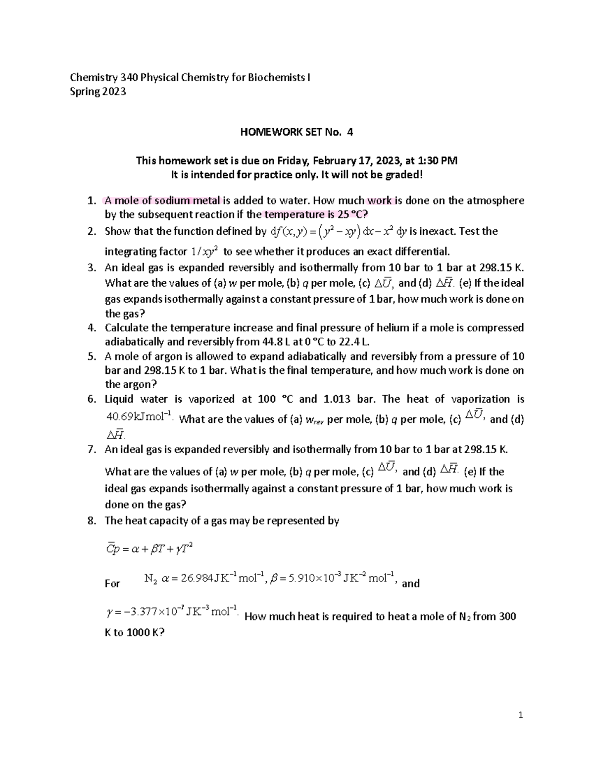 Chem 340 Homework Set 4 S23 2 - 1 Chemistry 340 Physical Chemistry for ...