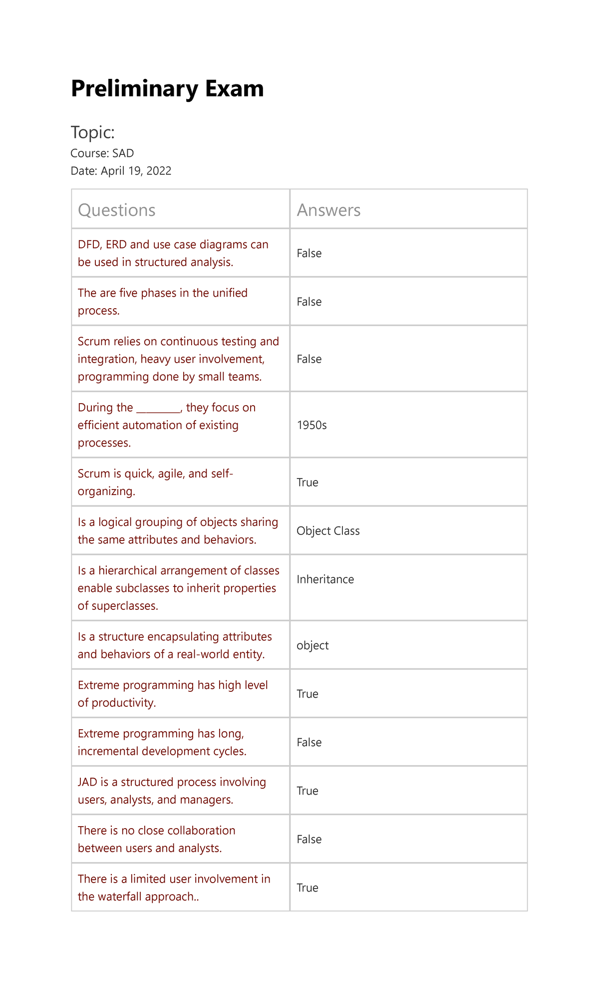 Preliminary Exam-SAD - Questions and Answers - Preliminary Exam Topic ...