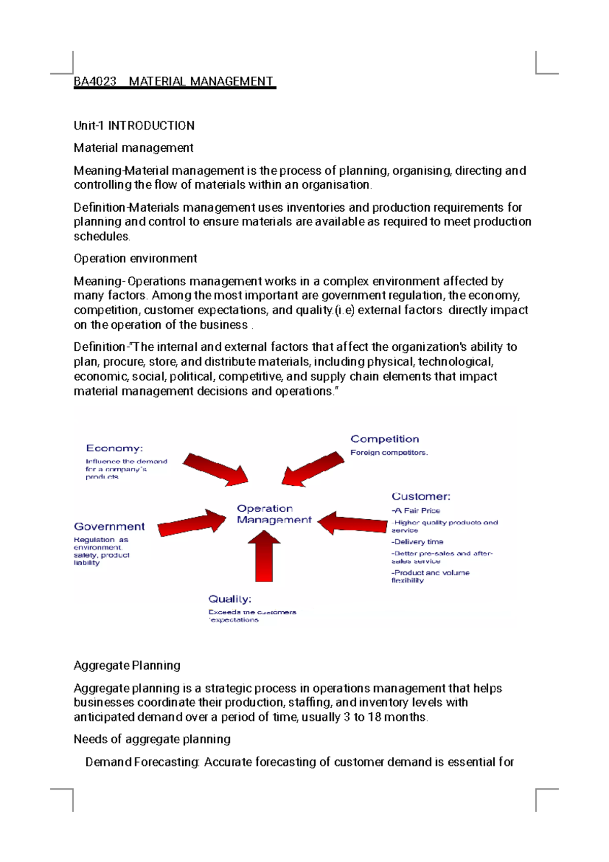 Material Managaement - BA4023 MATERIAL MANAGEMENT Unit-1 INTRODUCTION ...
