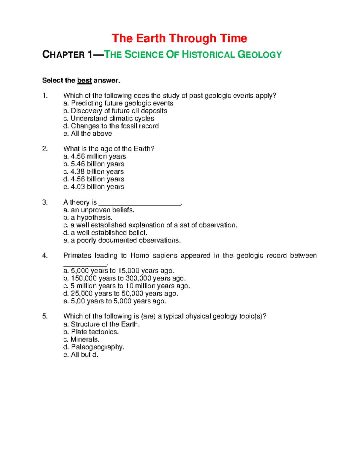 Ch01 The Science of Historical Geology Test - The Earth Through Time ...