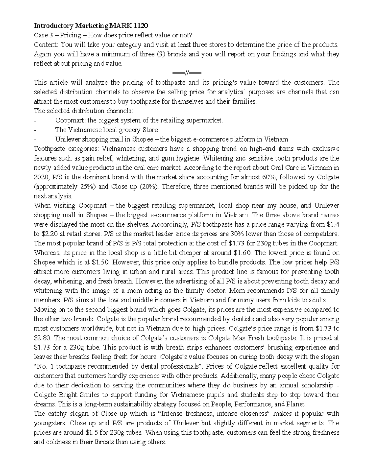 Case 3 - Pricing - Case Study - Introductory Marketing MARK 1120 Case 3 ...