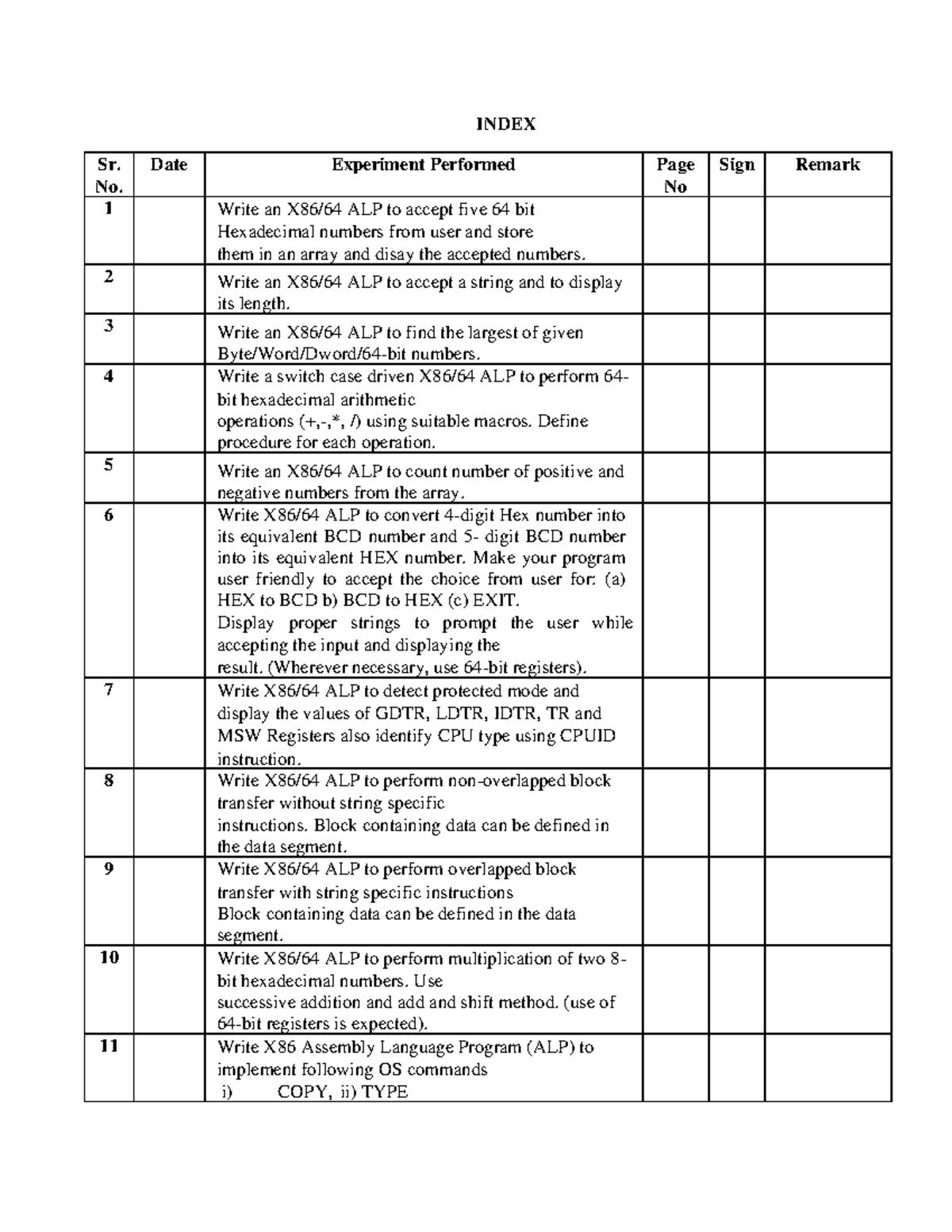 Final Microprocessor Lab Manual 2019 pattern - INDEX Sr. No. Date Experiment Performed Page No ...