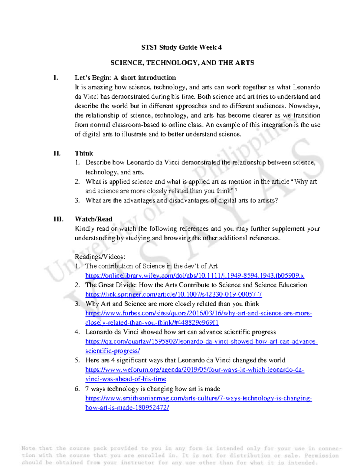 4 STS1 WM Study Guide Week4 - STS1 Study Guide Week 4 SCIENCE ...