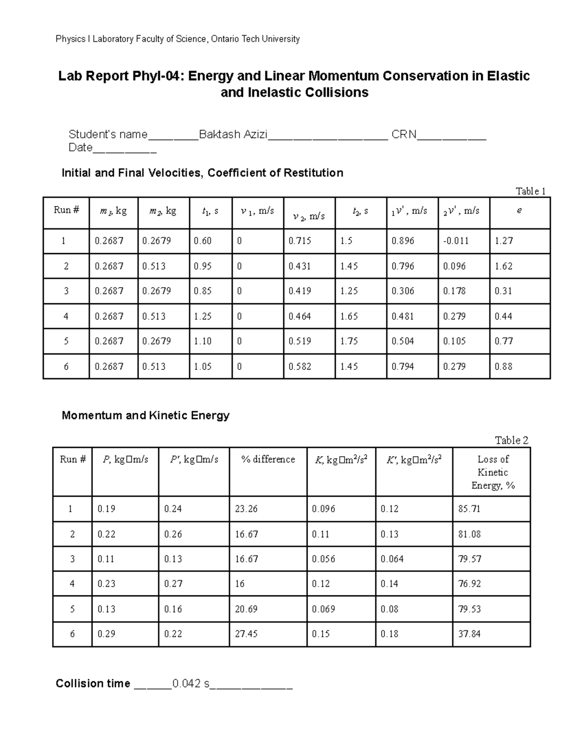 Collisions Report (1) - Physics I Laboratory Faculty of Science, Ontario Tech University Lab ...