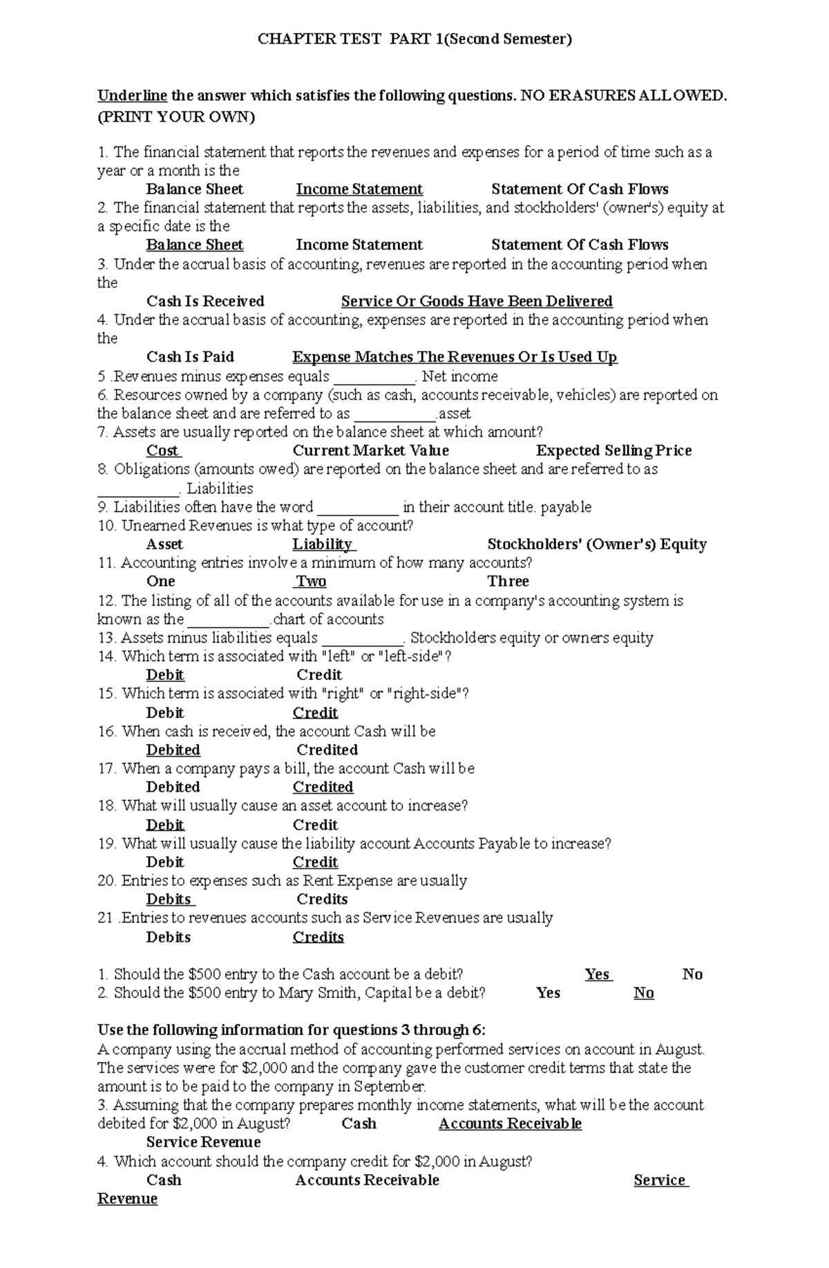 Accounting Chapter Test - CHAPTER TEST PART 1(Second Semester ...