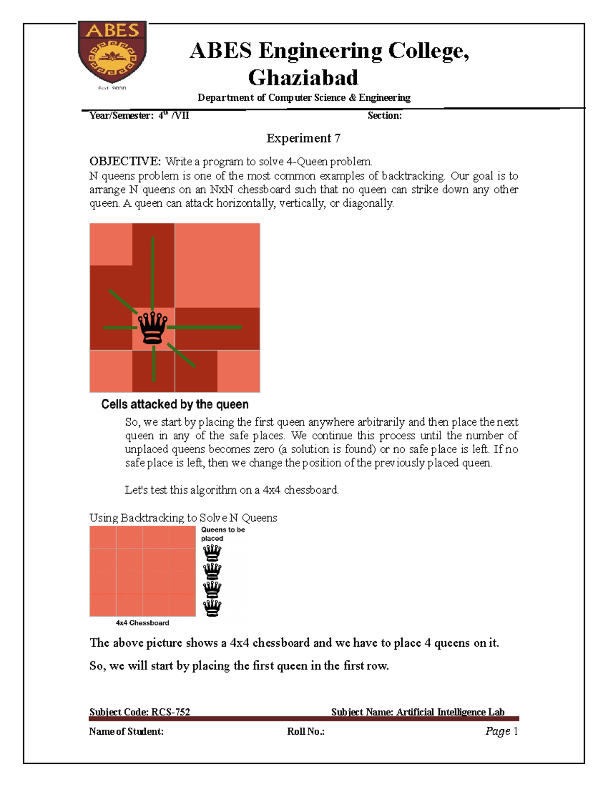 EXP-N queen Problem - Lecture notes 1-10 - Ghaziabad Department of ...