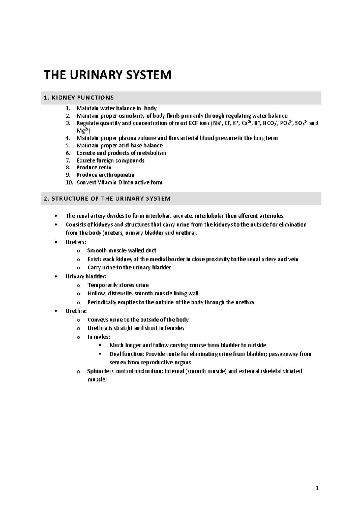 JF Physiology (MD1009): Urinary System - THE URINARY SYSTEM 1. KIDNEY ...