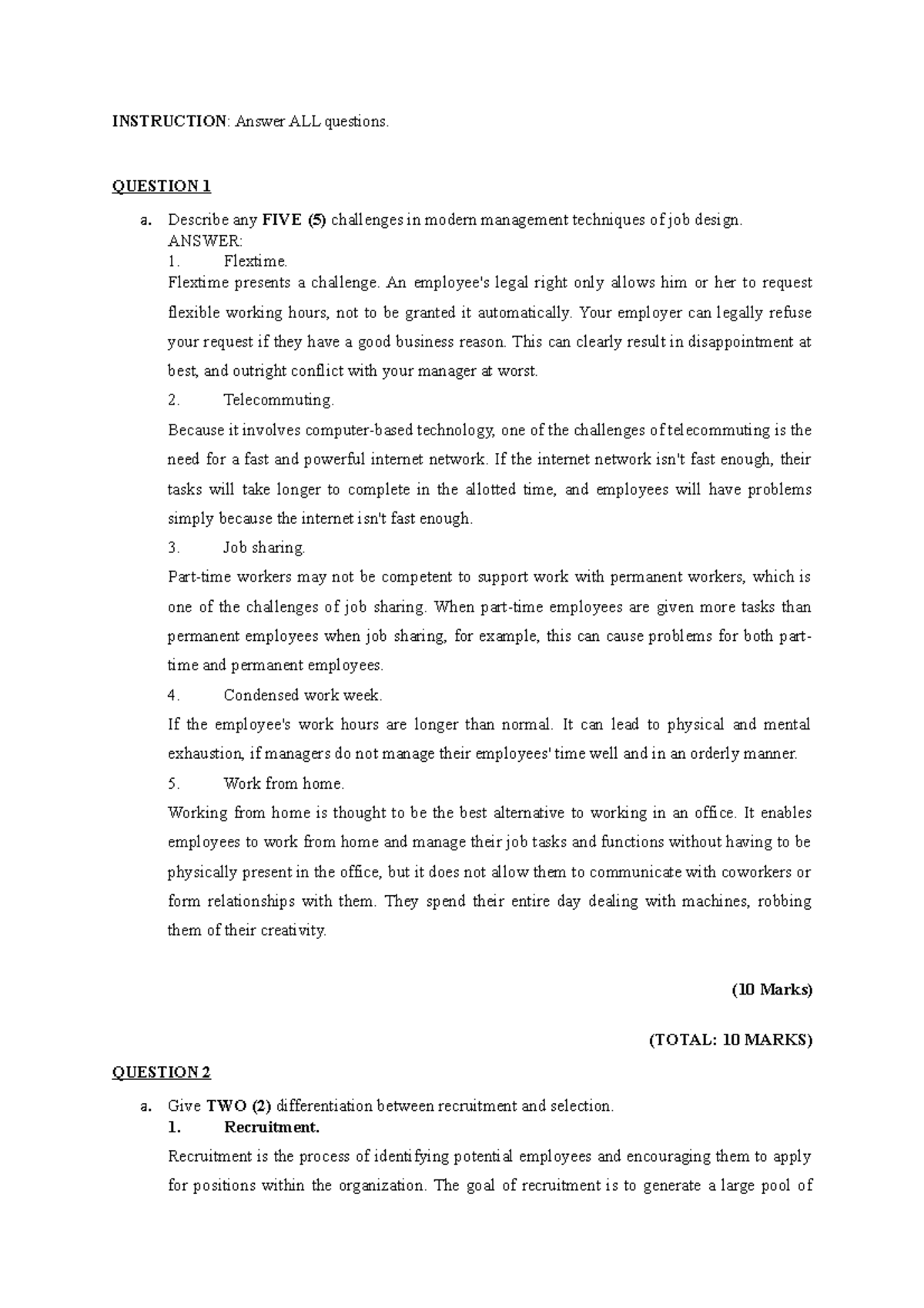 Test human resources - INSTRUCTION : Answer ALL questions. QUESTION 1 a ...