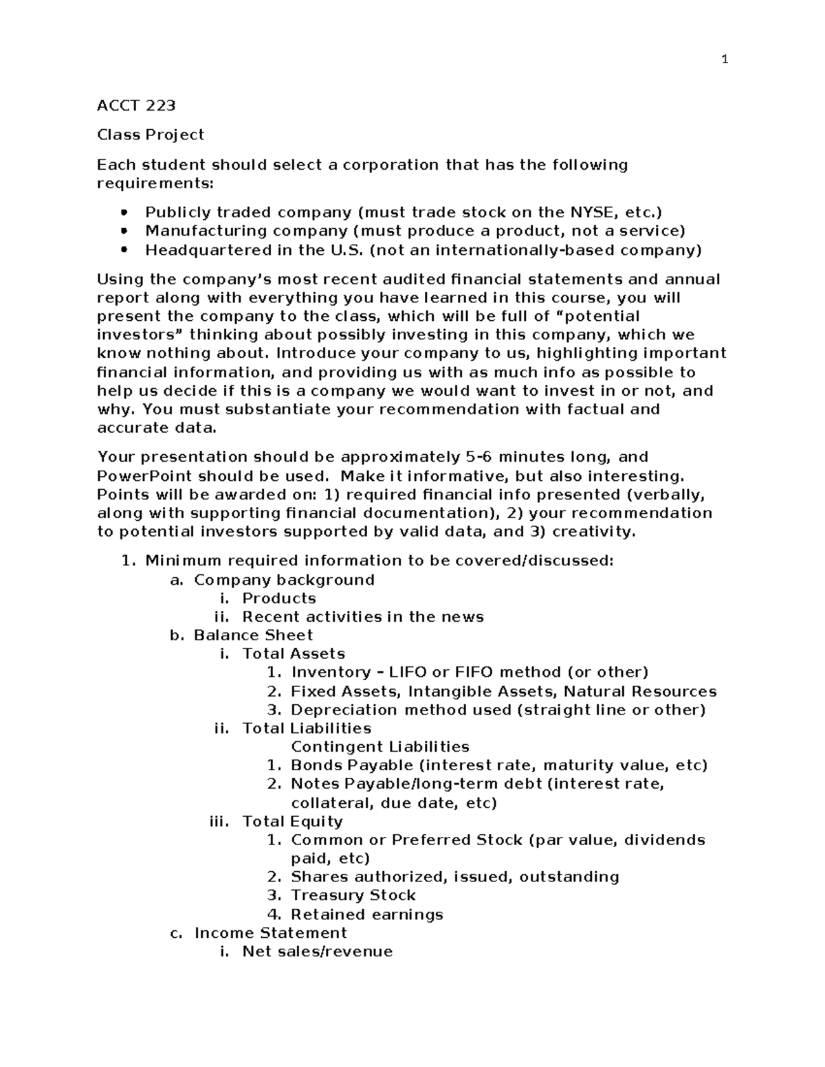 ACCT Assignment - 1 ACCT 223 Class Project Each student should select a ...