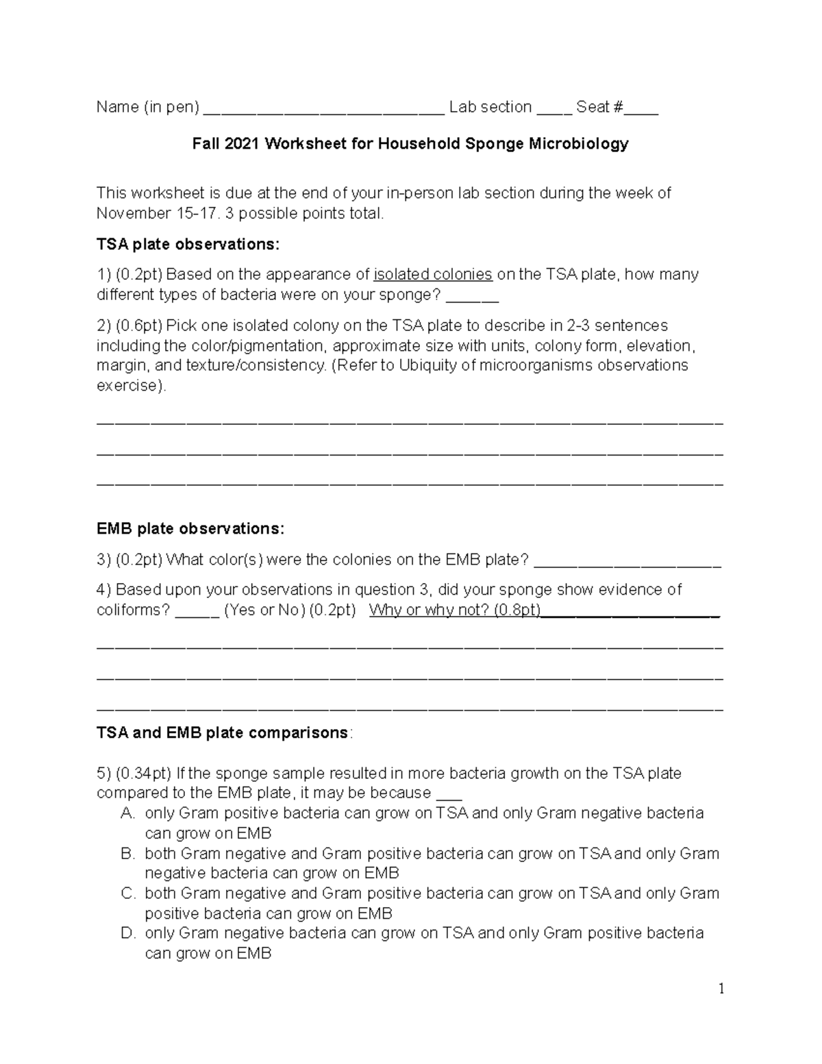 Household Sponge worksheet F21 - BIO 255 - MCPHS University - Studocu
