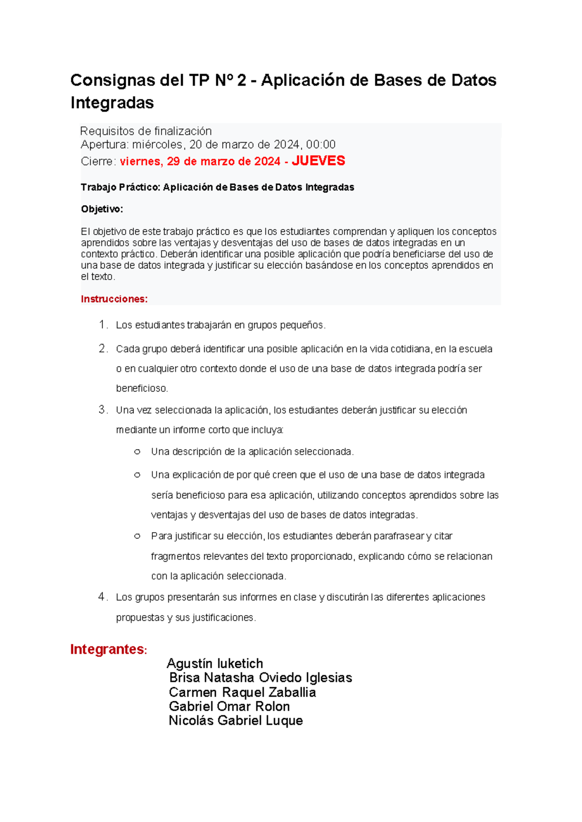 TP 2 - Grupo 5 - Aplicacion BD - Consignas del TP Nº 2 - Aplicación de Bases de Datos Integradas ...