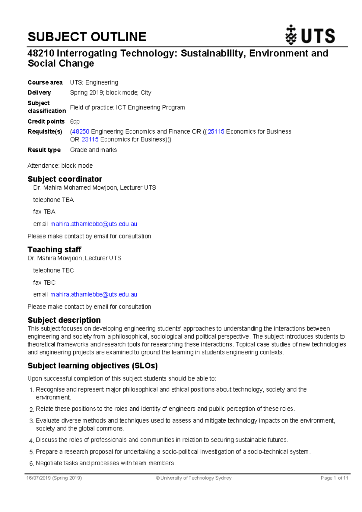 Subject Outline - SUBJECT OUTLINE 48210 Interrogating Technology ...