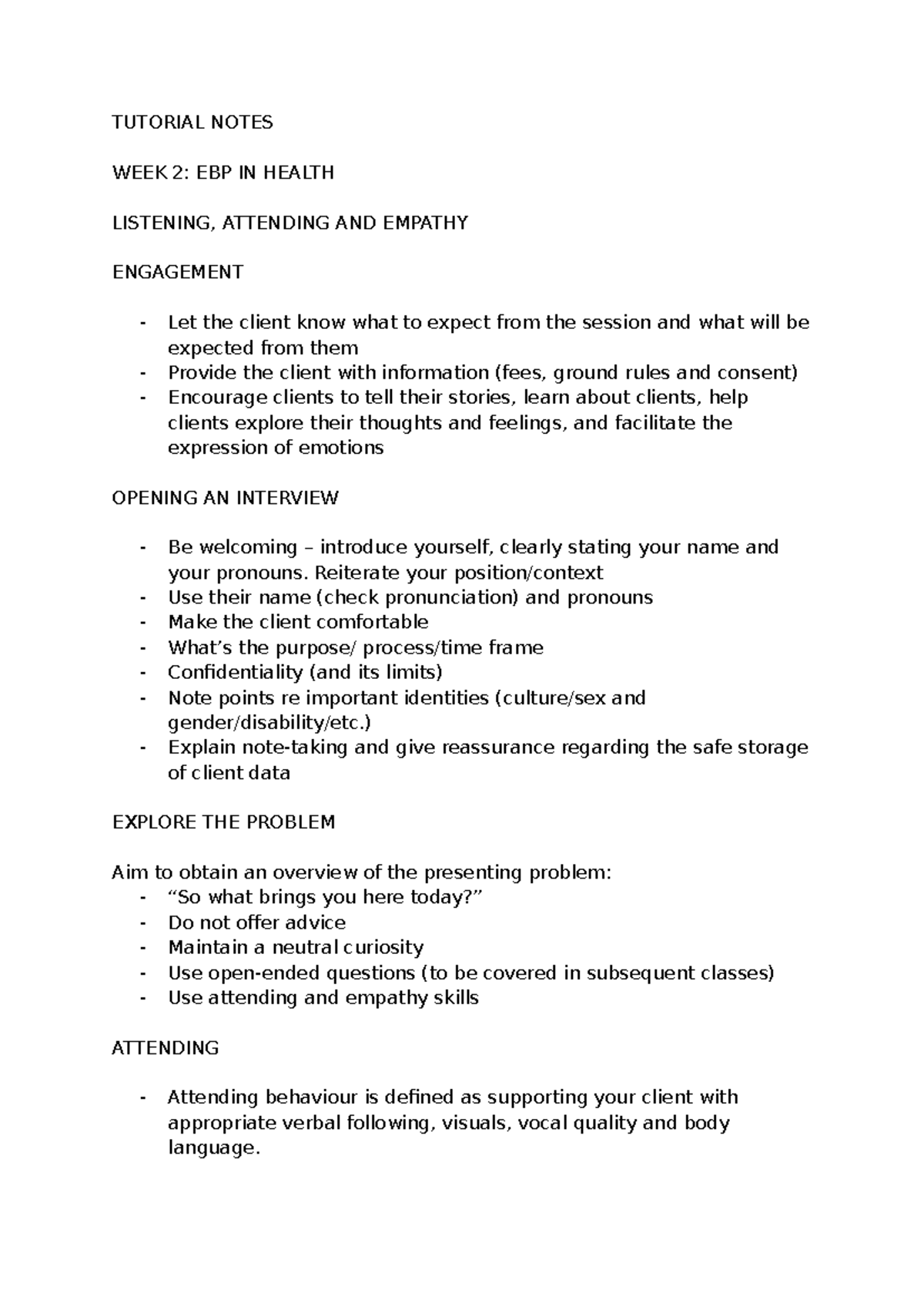 Tutorial Notes - TUTORIAL NOTES WEEK 2: EBP IN HEALTH LISTENING ...
