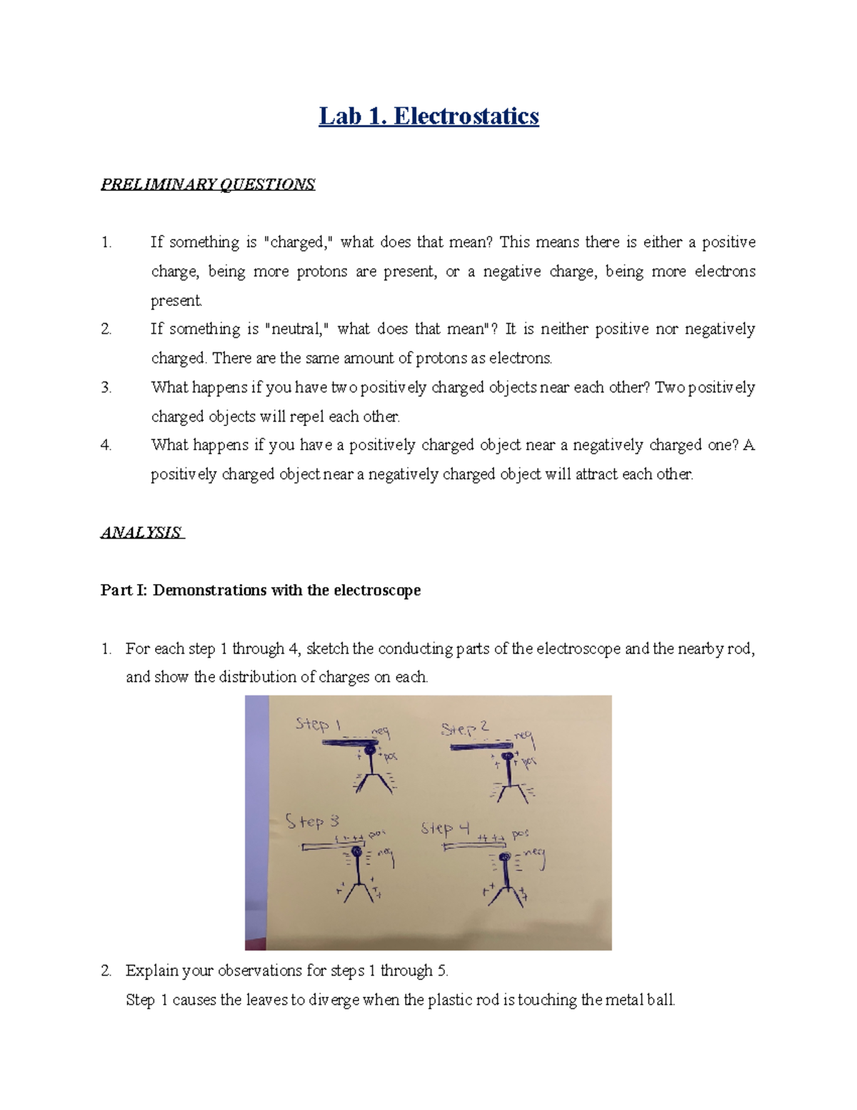 Physics 2 Lab 1 Questions - Lab 1. Electrostatics PRELIMINARY QUESTIONS ...