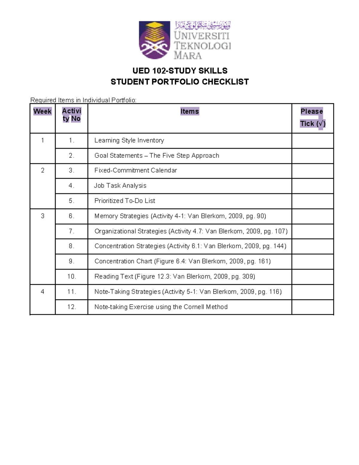 Portfolio checklist (e-Portfolio) - UED 102-STUDY SKILLS STUDENT ...