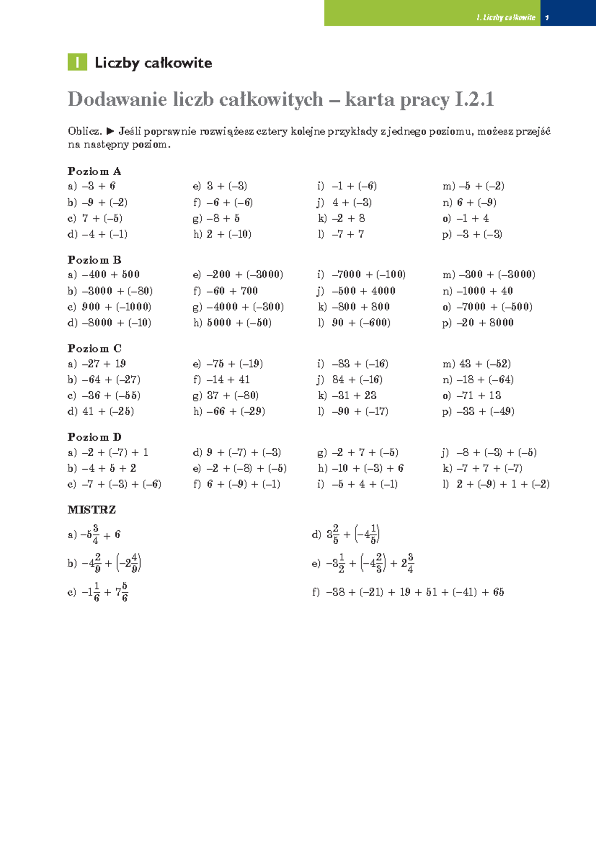 Liczby-całkowite - I. Liczby całkowite 1 I Liczby całkowite Dodawanie ...