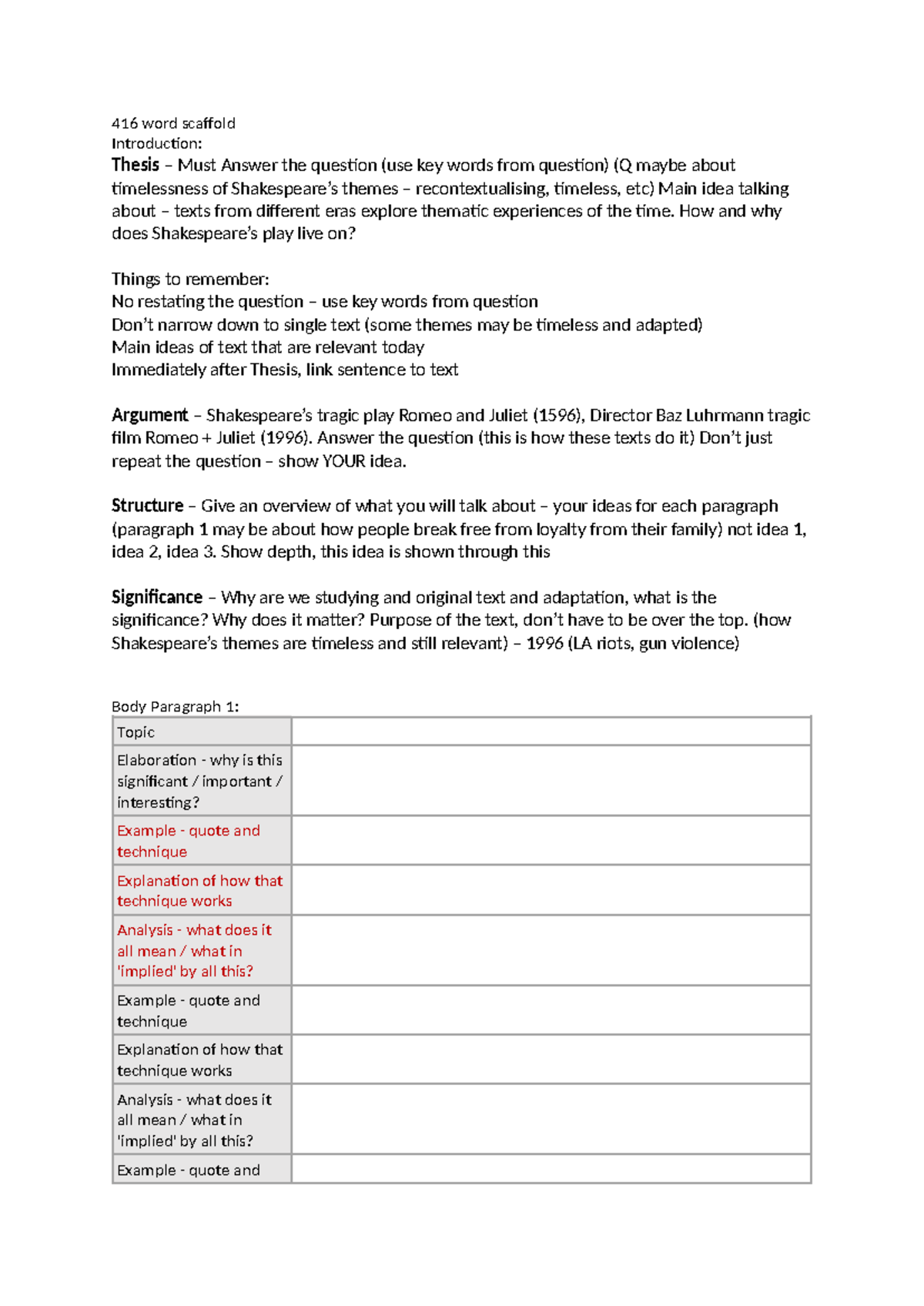 Essay Scaffold - 416 word scaffold Introduction: Thesis – Must Answer ...